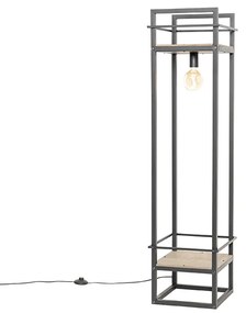 Průmyslová stojací lampa černá se dřevem - Cage Rack