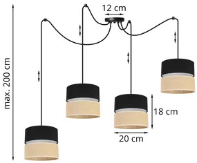 Závěsné svítidlo JUTA SPIDER, 4x jutové/černé textilní stínítko, B