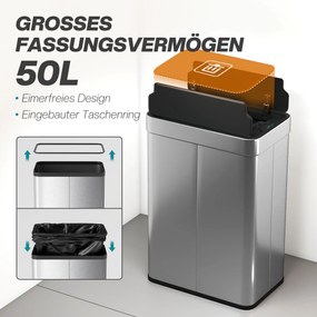 Senzorový odpadkový koš, objem 55 l, motýlkové víko, automatické otevírání, nerezová ocel, stříbrná barva