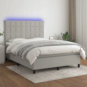 Box Spring Postel S Matrací A Led Textil Světle Šedá Blok se čtverci 140