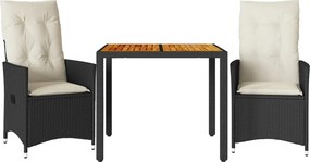 3dílný bistro set s poduškami černý polyratan a akácie 3276679