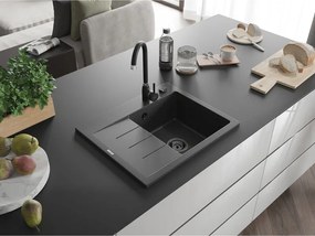Mexen Ben, 1-komorový granitový dřez 600x500x190 mm, pravý + černý sifon, černá skvrnitá, 6523605000-76-B