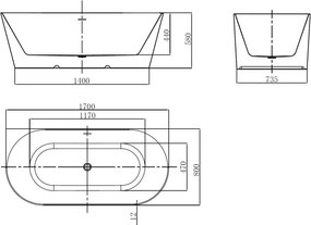 Mexen Oval Slim, volně stojící vana ke stěně 170 x 80 cm, bílá lesklá, bílý přepad, 52661708000-20