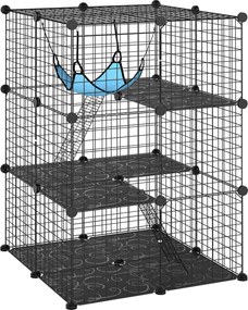 PawHut 70×70×105 cm vnitřní kotec pro kočky, ocelový výběh se 3 dveřmi, nastavitelné 3patrové DIY s žebříkem, hamakem a plošinami, černá | Aosom