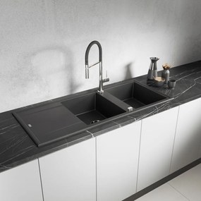 Laveo Megalo, 2-komorový granitový dřez 1160x500x185 mm s dlouhým odkapávačem, černá, LAV-SBE_721T