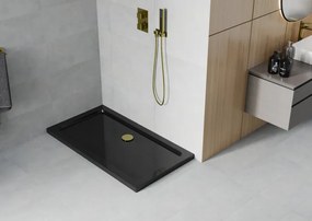 Mexen Flat, akrylátová sprchová vanička 130x70x5 cm SLIM, černá, zlatý sifon, 40707013G