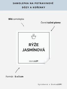 RÝŽE JASMÍNOVÁ– bílá samolepka na dózu, tučné písmo, 5 x 5 cm | DomaLEP