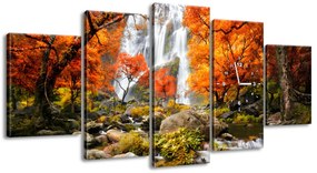 Gario Obraz s hodinami Podzimní vodopád - 5 dílný Rozměry: 150 x 70 cm