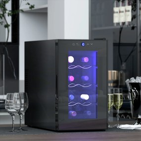 HOMCOM Vinotéka pro 8 lahví, 21 l, termoelektrická, nastavitelné police, LED osvětlení, černá