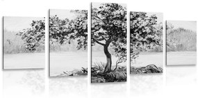5-dílný obraz orientální třešeň v černobílém provedení - 200x100 cm