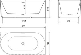 Mexen Gia, volně stojící rohová vana, drážkovaná, pravá, 150 x 75 cm, bílá matná, broušený grafit, 52701507501P-66