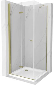 Mexen Lima skládací sprchový kout 100 x 100 cm, Průhledné, Zlatá + sprchová vanička Flat - 856-100-100-50-00-4010
