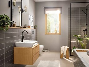 Hansgrohe Rebris E, vysoká umyvadlová baterie 210 s otočným výtokem a odtokovou soupravou s táhlem, černá matná, 72576670