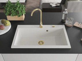 Mexen Elix granitový dřez 1-komorový 800 x 500 mm, bílý, zlatý sifon - 6527801005-20-G