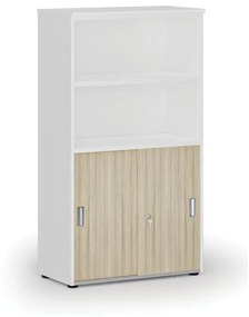 Kombinovaná kancelářská skříň PRIMO WHITE, zasouvací dveře na 2 patra, 1434 x 800 x 420 mm, bílá/dub přírodní