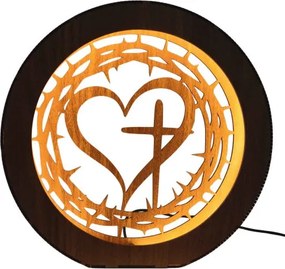 Dřevěná LED lampa Srdce s křížem | Křesťanská dekorace| SENTOP LED0600