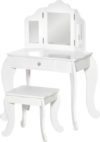 HOMCOM Dětský toaletní stolek s taburetem, triptychem zrcadel a posuvným zásuvkou - Rozměry toaletního stolku 63D x 40Š x 85,5V cm - Bílý akryl