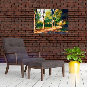 Skleněný obraz lesa v letním slunci, malba (70x50 cm)