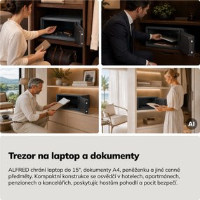 Hotelový trezor elektronický s kódovým zámkem, na notebook 15″ a dokumenty, 200 x420x370 mm: ALFRED