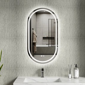 Erga Lyra, oválné LED zrcadlo 50x90cm, 3 barvy světla, přední a zadní osvětlení, vyhřívací podložka proti zapaření, ERG-V01-LYRA-5090-CL