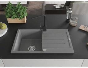 Mexen Bruno, dřez granitový 795x495x200 mm, 1-komorový, šedá s chromovým sifonem a černá dřezová baterie Rita, 6513-71-670300-70