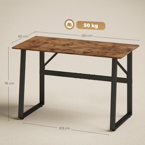 HOMCOM Psací stůl, počítačový stůl s ocelovým rámem, kancelářský stůl PC stůl 120x60x76 cm rustikálně hnědá + černá