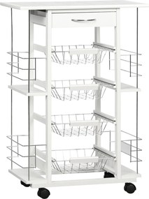HOMCOM Kuchařský vozík na kolečkách s dlažkou a zásuvkou, 4 kovové košíky a 4 boční stojany na kořenky pro jídelnu, 57x37x83 cm Bílý