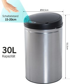 HOMCOM Automatický senzorový odpadkový koš IR senzorový odpadkový koš, kulatý, 30 l, volitelný vnitřní koš, nerez
