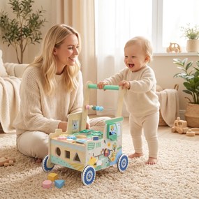 AIYAPLAY Dětský chodítko, chodítko s kolečky, stavebními kostkami, úložným prostorem, Montessori aktivní centrum pro děti od 1 do 3 let, zelené