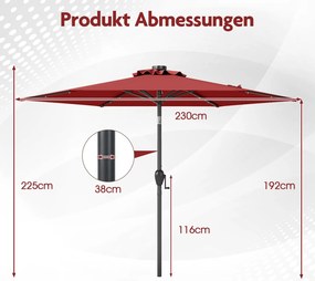Costway Slunečník 230 cm s LED solárním osvětlením a klikou