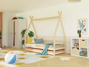 Benlemi Dětská dřevěná postel SAFE 5v1 ve tvaru teepee se zábranou a přistýlkou Zvolte barvu: Béžová, Zvolte rozměr: 90x160 cm, Zvolte zábranu: S otevřeným vstupem