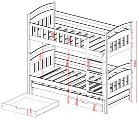 Dětská patrová postel z masivu borovice BOHDANA s přistýlkou a šuplíky - 200x90 cm - ŠEDÁ