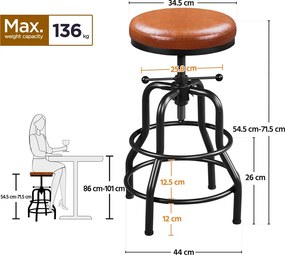 Barová židle Yaheetech – světle hnědá, 44 cm (délka) × 44 cm (šířka) × 54,5 cm – 71,5 cm (výška) (256244013357)