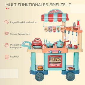 HOMCOM dětská kuchyňka s příslušenstvím 50dílná herní kuchyňka hračka kuchyňka plastová modrá+červená+oranžová 79,5 x 33 x 90,5 cm