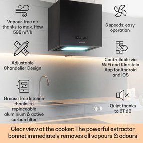 Kronleuchter Smart, digestoř, 40 cm, ostrůvková, 595 m³/h, ovládání přes aplikaci, LED panel, černá