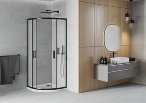 Mexen Rio, čtvrtkruhový sprchový kout 90(dveře)x90(dveře)x190 cm, 5mm sklo námraza, černý profil + bílá sprchová vanička SLIM, 863-090-090-70-30-4110B