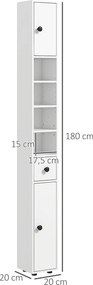 Kleankin Moderní vysoký koupelnový skříň s 1 zásuvkou, 5 nastavitelnými policemi a 2 dveřmi, koupelnový nábytek, nosnost 30 kg, 20x20x180 cm, bílá