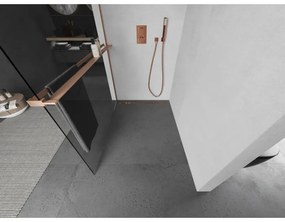 Mexen Kioto+, sprchová zástěna Walk-In s poličkou a věšákem 140 x 200 cm, 8mm čiré sklo, měděný matný profil, 800-140-121-65-00