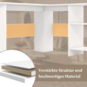 Costway Psací stůl ve tvaru L se 2 otvory pro kabel a úložnými přihrádkami, bílý