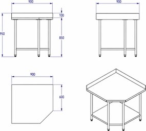 Rohový nerezový pracovní stůl, 900 x 600 x 850 mm