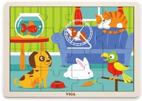 Viga Dřevěné puzzle 16 dílků - domácí mazlíčci