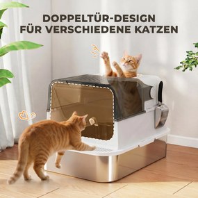 PawHut XXL nerezová uzavíratelná toaleta pro kočky – sklápěcí víko, vysoké boky, horní vstup, lopatka, kontrola zápachu, snadné čištění, nepropustná,…