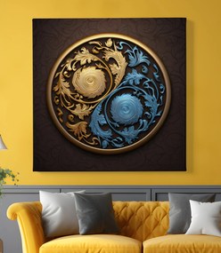 Obraz na plátně - Zlato modrý Yin Yang symbol v kruhu FeelHappy.cz Velikost obrazu: 100 x 100 cm
