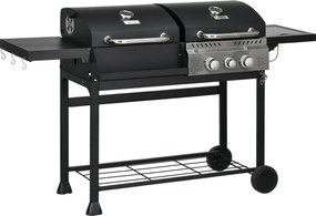 Outsunny plynový grilovací vozík 2+1 hořák s teploměrem 3kW BBQ gril na dřevěné uhlí s odkládací plochou Boční odkládací plocha Háček pro kempování Č…