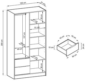 Šatní skříň NELLY 2D se zrcadlem | 105 cm | šedá