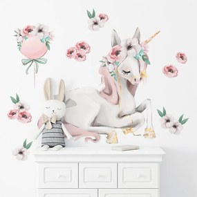 Gario Dětská nálepka na zeď Pastel unicorns - jednorožec, květiny a balón