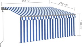 vidaXL Marketos Automatická markýza roleta LED senzor větru 3,5x2,5 m modrobílá