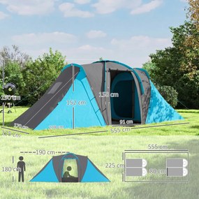 Outsunny rodinný stan pro 4-6 osob, voděodolný 2000 mm, skládací stan s 2 ložnicemi, batoh na kempování 555x225x190 cm, šedý a modrý