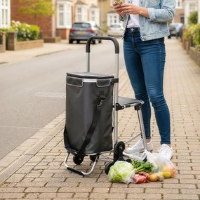 HOMCOM Nákupní vozík, 40 l Oxford taška, 3-kolové provedení, hliníkový rám, sedadlo, Tmavě šedá