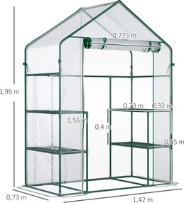 Outsunny Fóliový skleník Walk-in Skleník na rajčata 142x73x195cm se 6 policemi, průhledný pro zahradu a rostliny |